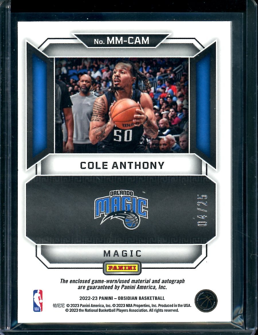 2022/23 Panini Obsidian Cole Anthony Matrix Materials Patch Auto /25 M ...
